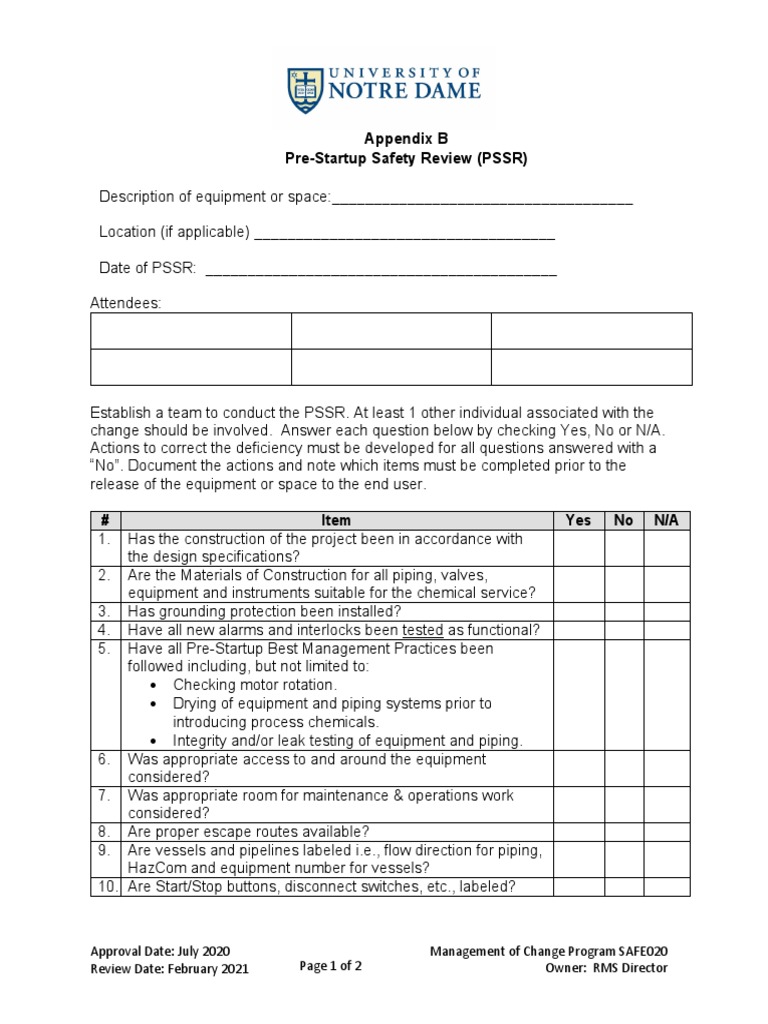 Appendix B Pre-Startup Safety Review (PSSR) | PDF | Switch | Equipment