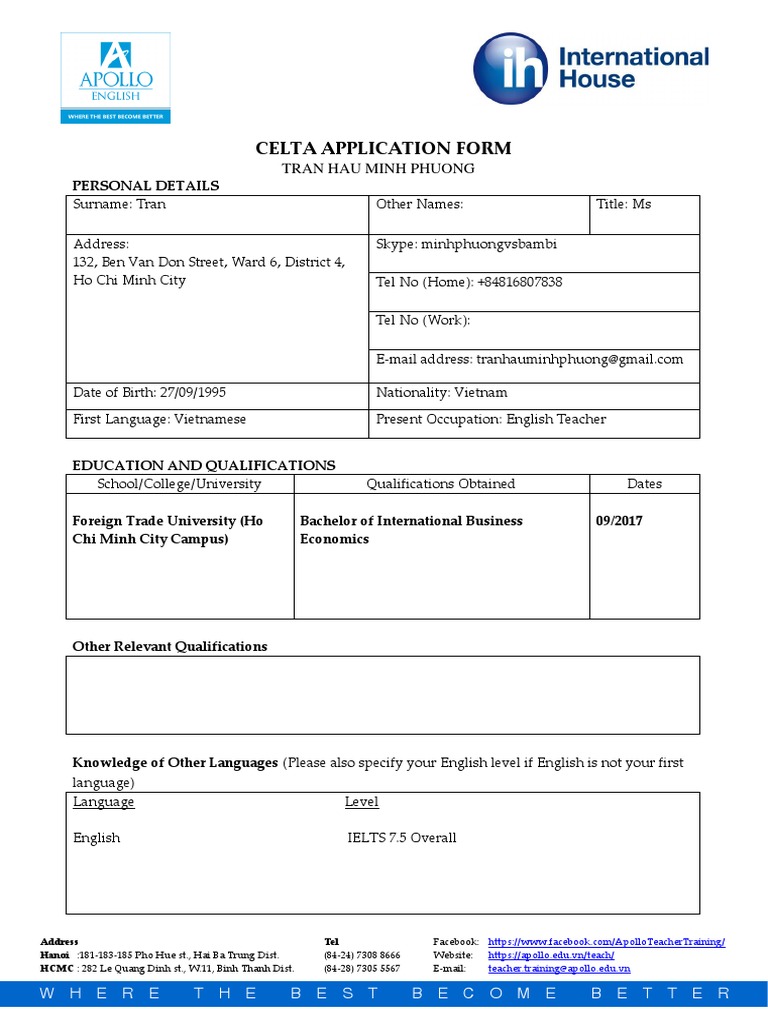 CELTA Application for English Teachers | PDF | Ho Chi Minh City | Hue