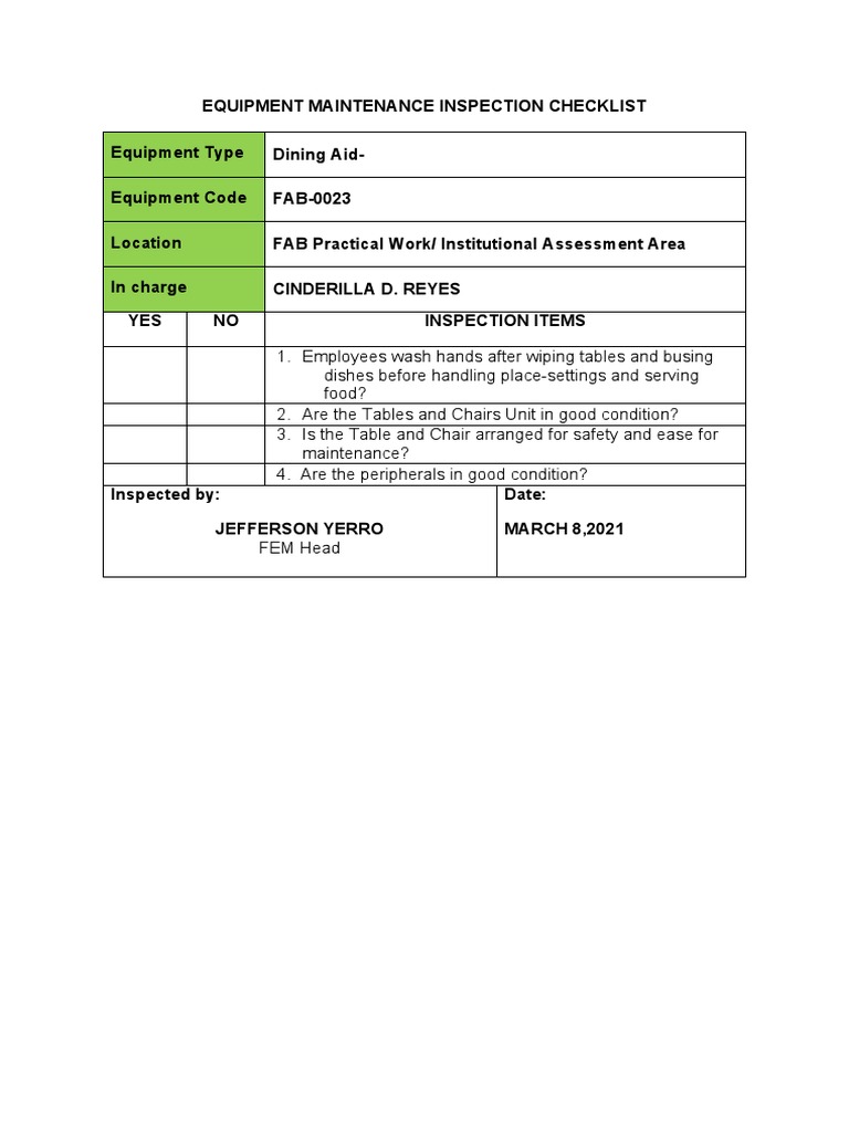 Cyndie Equipment Inspection Checklist | PDF | Home & Garden ...