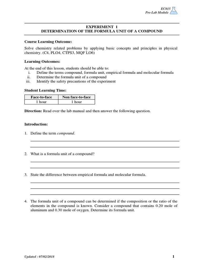 Experiment 1 Determination of The Formula Unit of A Compound | PDF ...