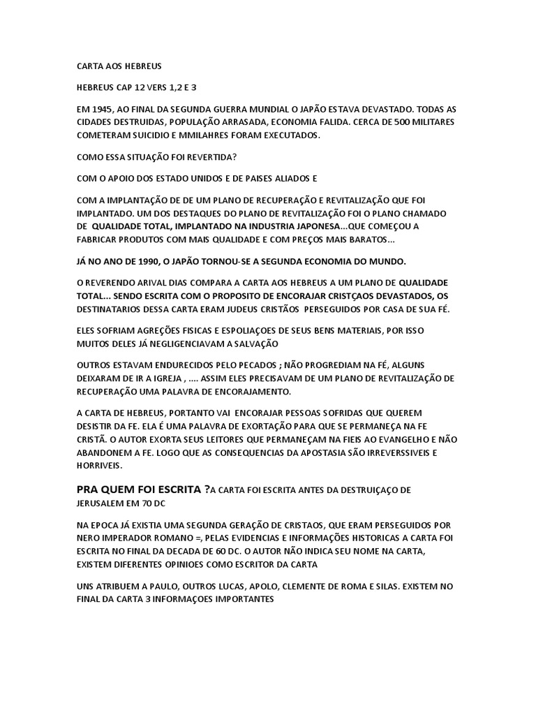Carta Aos Hebreus Cap 12. 123 | PDF | Fé | Epístola aos Hebreus (livro)