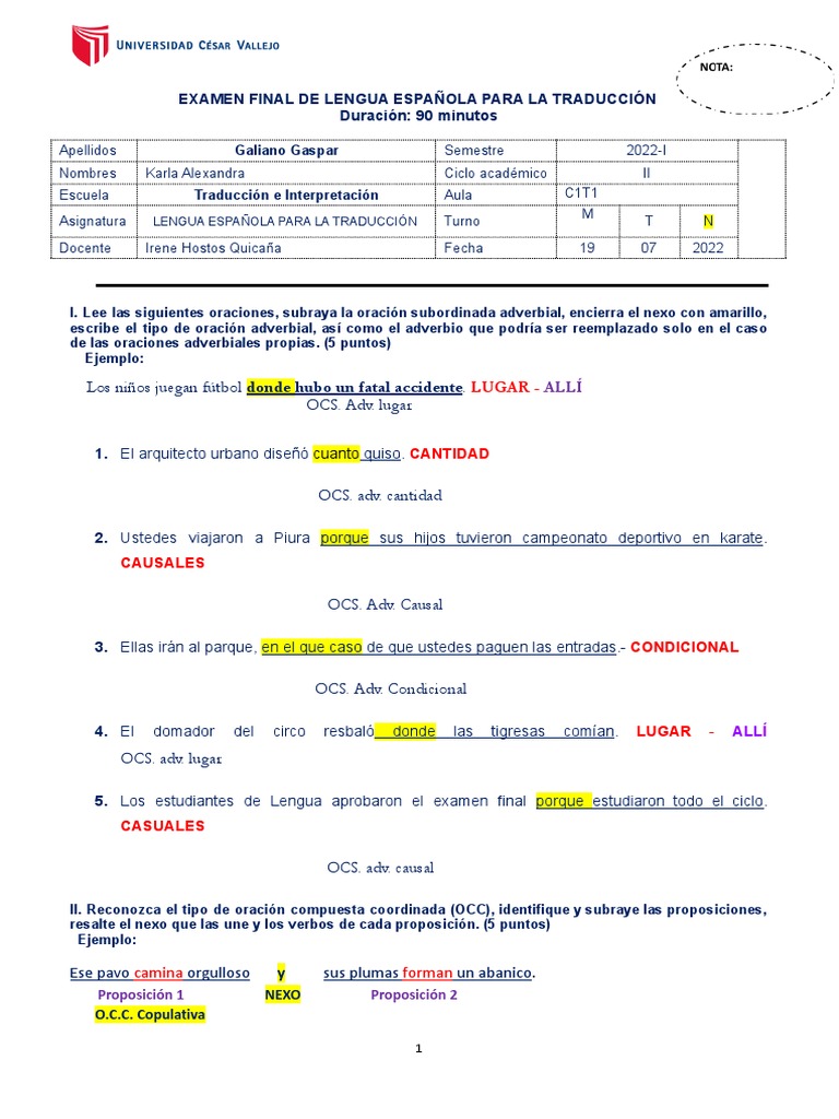 Examen Final Lengua Española | PDF | Adverbio | Lingüística