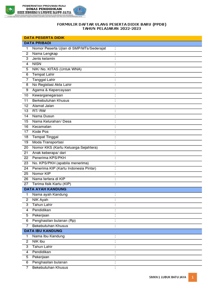 Formulir Daftar Ulang Peserta Didik Baru | PDF