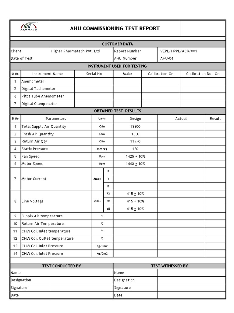 Ahu Commissioning Test Report: Customer Data | PDF | Alternating ...