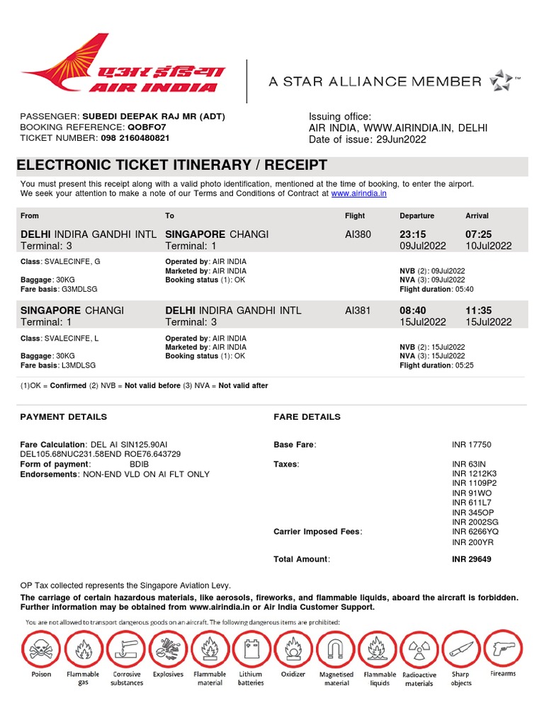 Air India Web Booking Eticket (QOBFO7) - DEEPAK RAJ | PDF