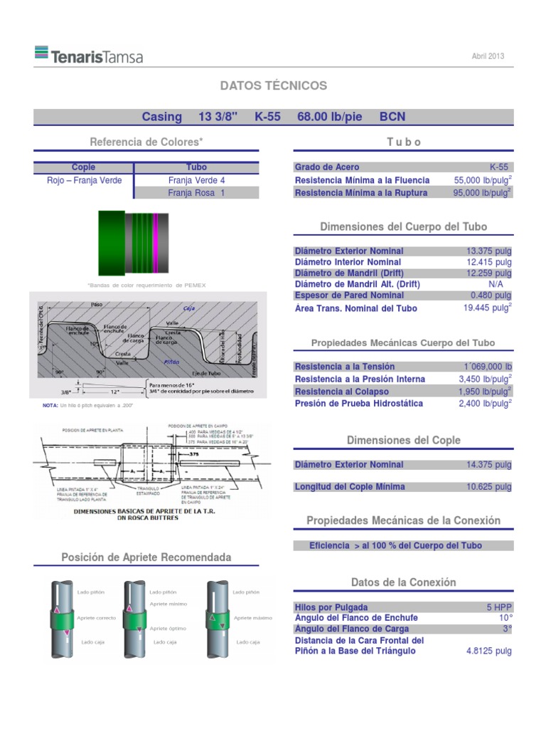 Casing 13 3/8" K-55 68.00 Lb/pie BCN: Datos Técnicos | PDF | Ingeniería mecánica