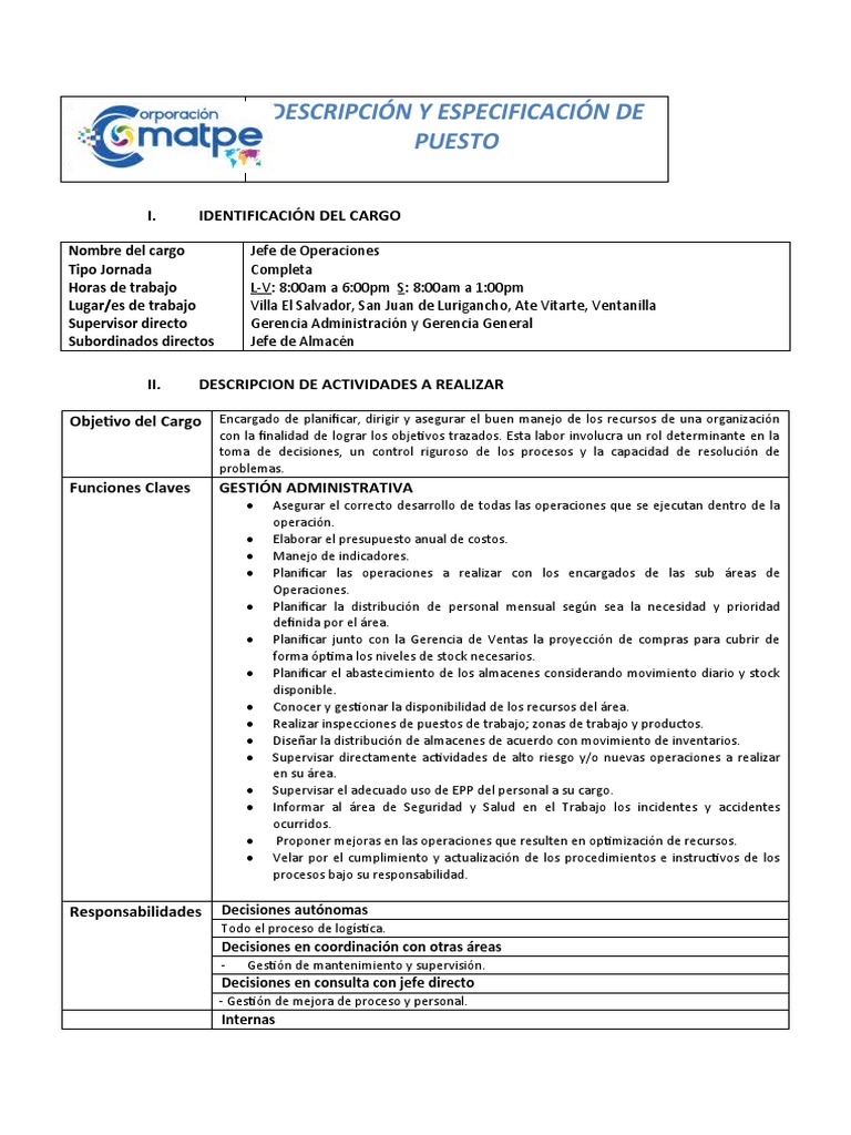 Descripcion de Puesto Jefe de Operaciones | PDF | Gestión de recursos ...