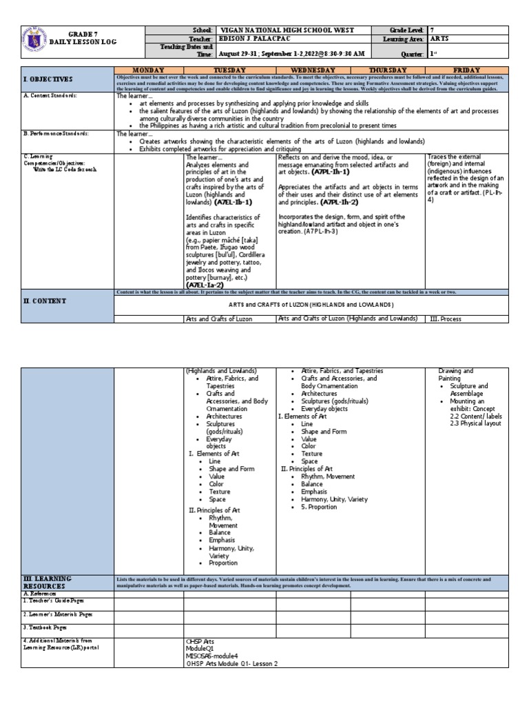 Q1 - Grade 7 ARTS - Week 1 | PDF | Learning | Curriculum