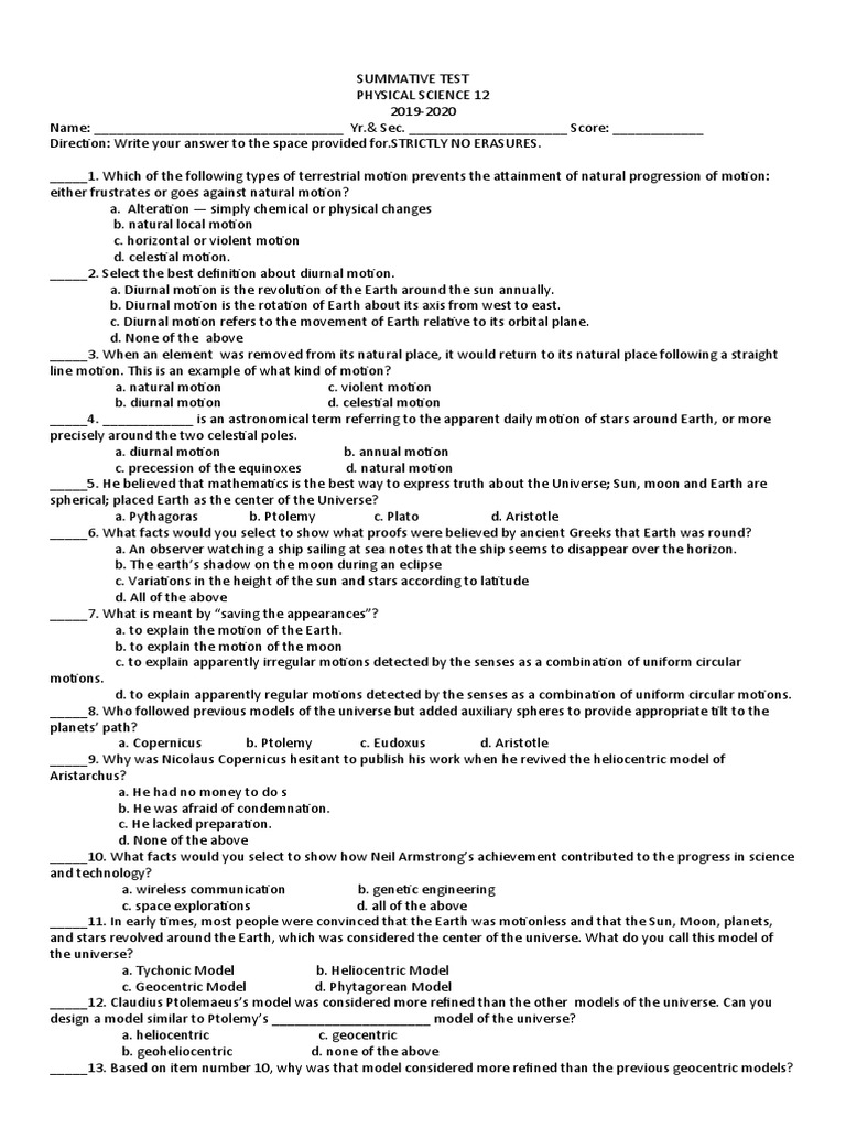 2nd SUMMATIVE TEST Physical Science 12 | PDF | Planets | Light