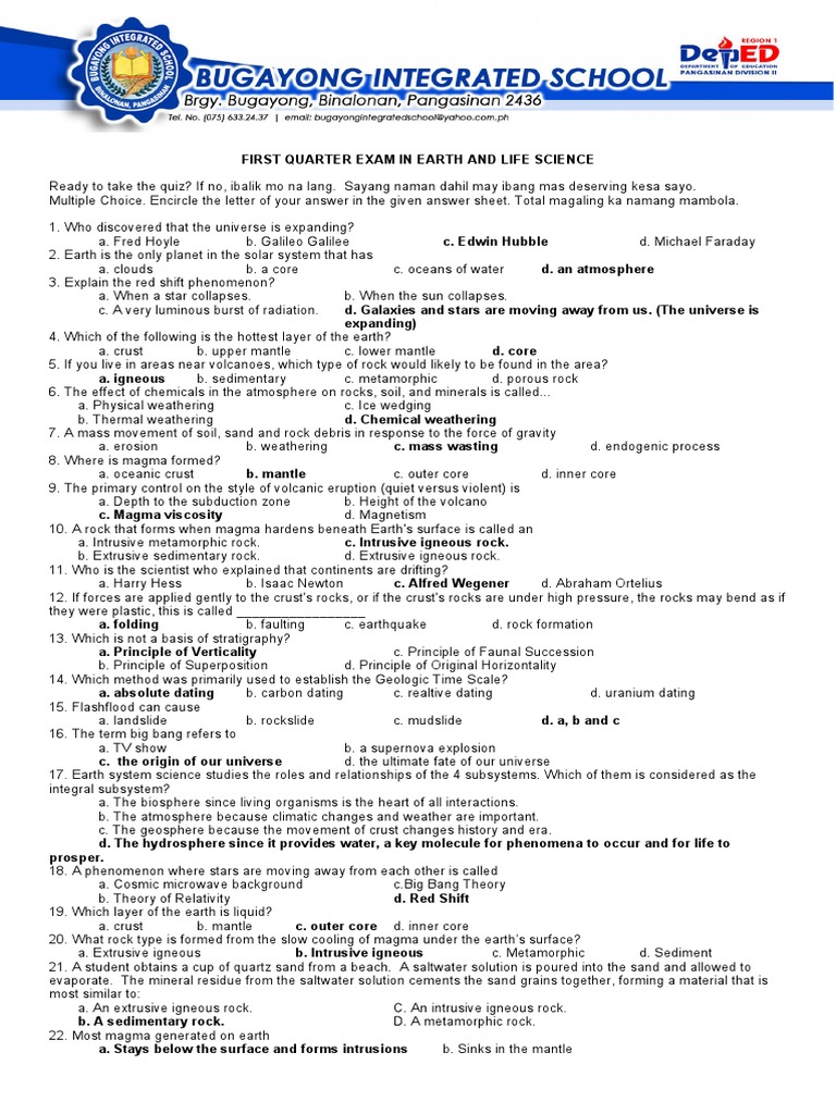 First Quarter Exam E and L | PDF | Rock (Geology) | Igneous Rock