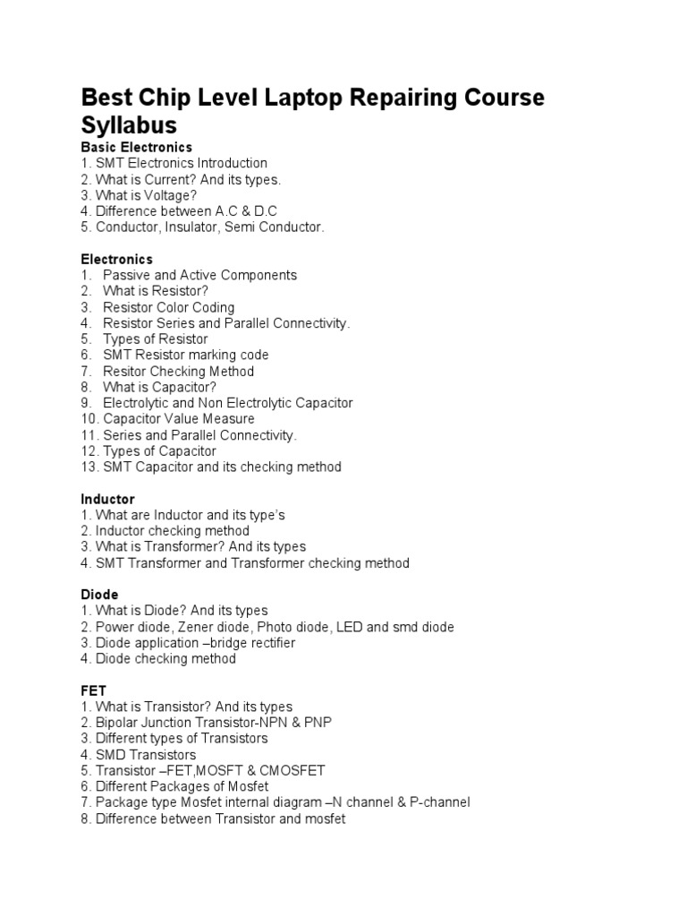 Best Chip Level Laptop Repairing Course Syllabus Pdf Transistor Mosfet