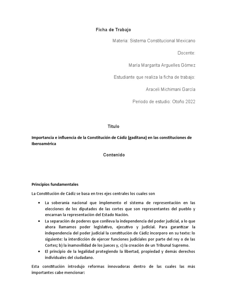 Importancia E Influencia De La Constitución De Cádiz En Las
