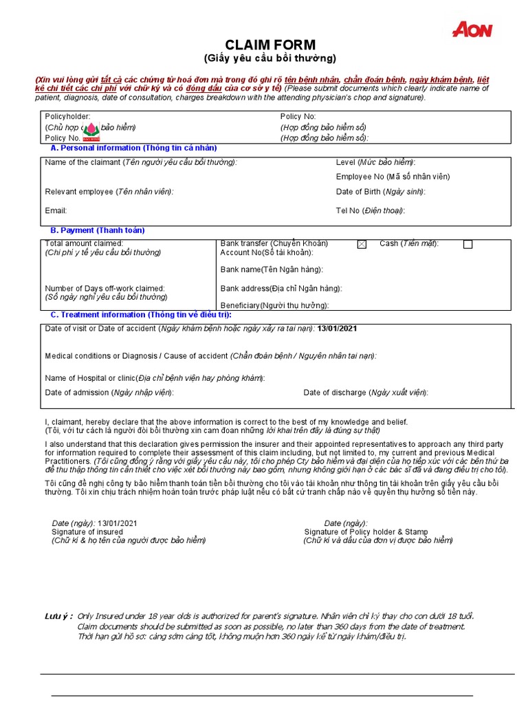 BaoViet. Claim Form 13.01 | PDF