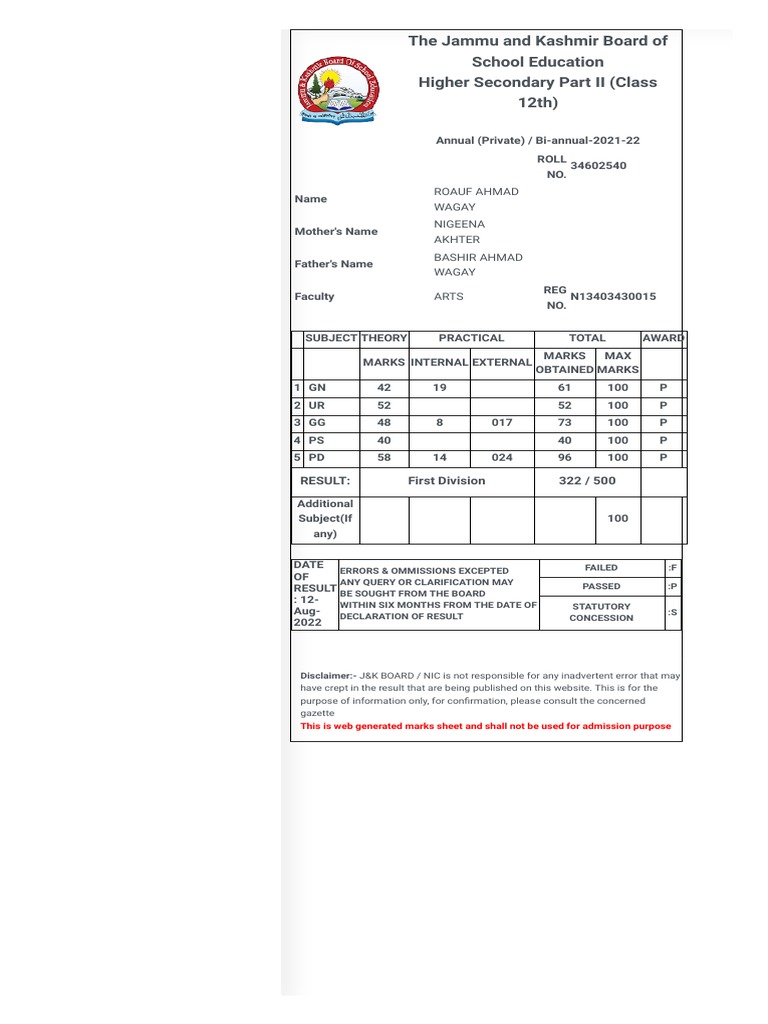 The Jammu and Kashmir Board of School Education Higher Secondary Part ...