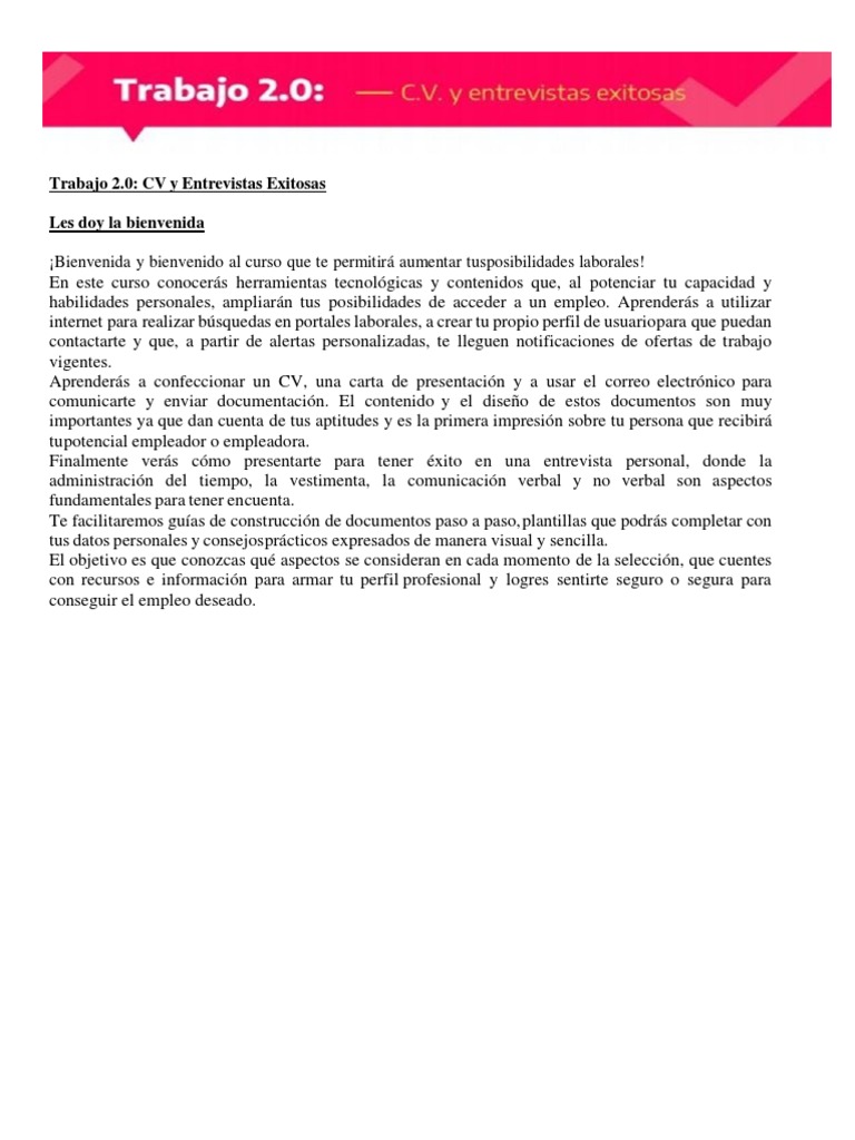 Curso Trabajo 2.0. C.V. y Entrevistas Exitosas - Texto para Descargar (1) - 1 | PDF | Plan de ...