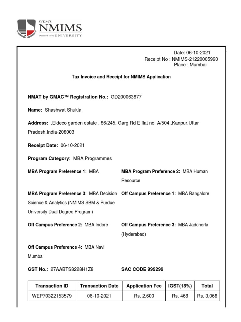 NMIMS Application Payment Receipt | PDF