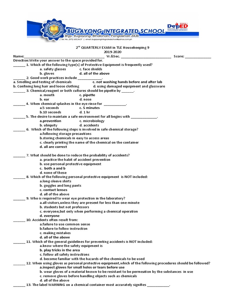 2nd QUARTERLY EXAM in TLE Housekeeping 9 | PDF | Personal Protective ...