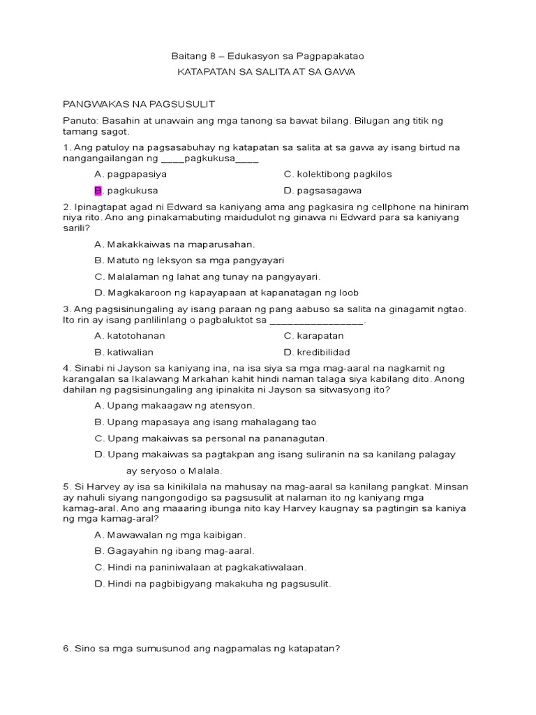 Esp 8 Pagtataya 1 | PDF