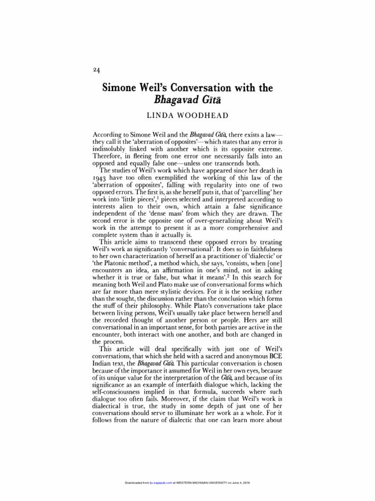 Simone Weil's Conversation With The: Bhagavad Gita | PDF | Ātman (Hinduism) | Meditation