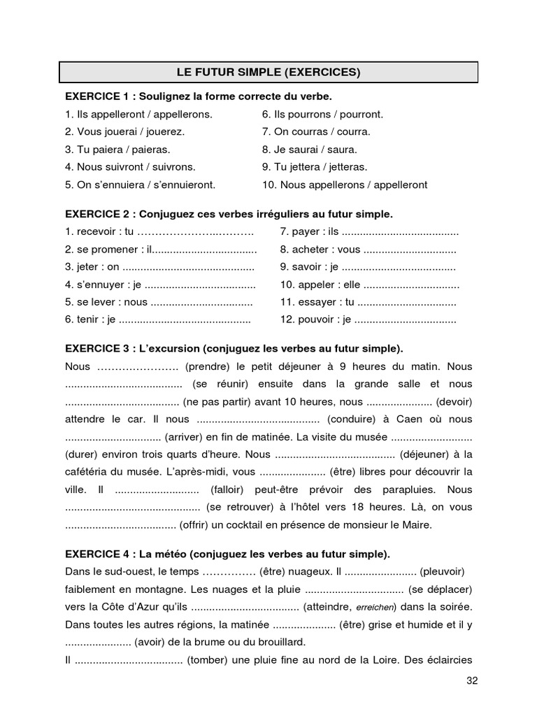 Exercices sur le futur simple | PDF | Maison et jardin
