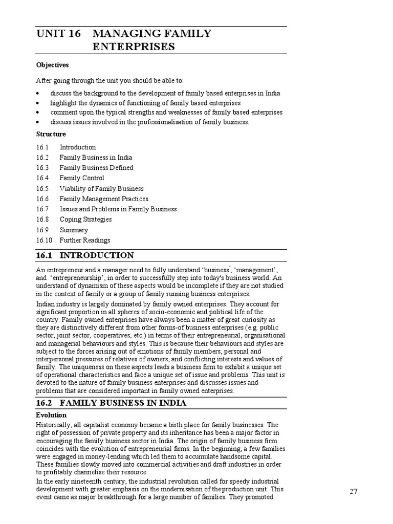 Unit 16 Managing Family Enterprises: Objectives | PDF | Entrepreneurship | Employment