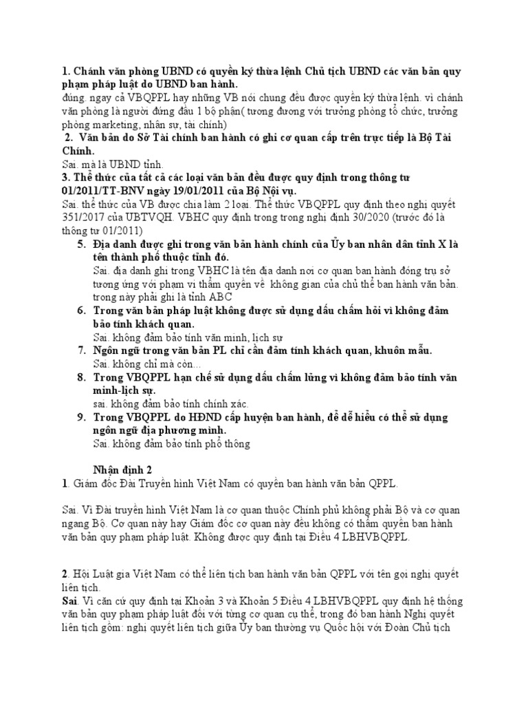 Nhận Định Đúng Sai Soạn Thảo Vbpl | PDF