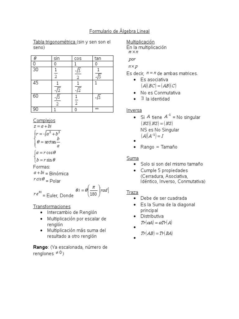 Formulario de Álgebra Lineal | PDF | Determinante | Matriz (Matemáticas)