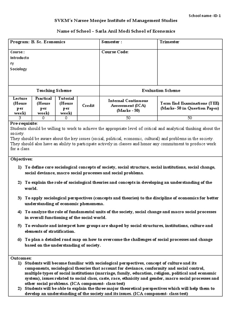 FYBSC-Semester - I Introductory Sociology Course Outline 2022 | PDF ...