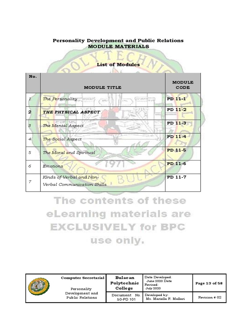 Personality Development And Public Relations Module Materials Pdf
