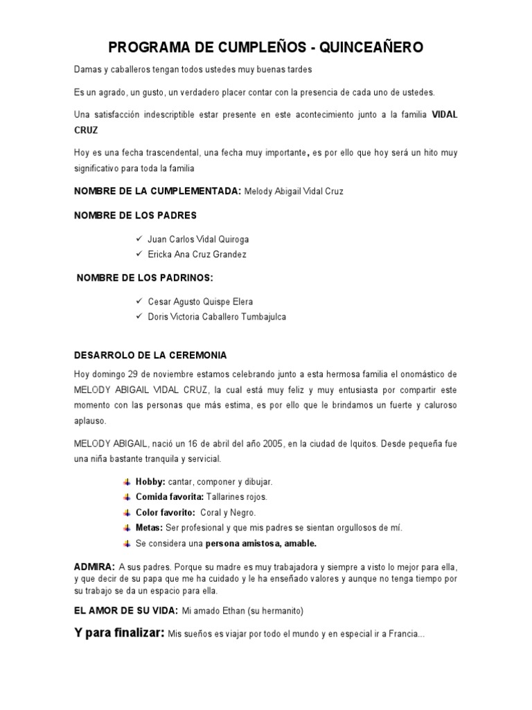 Programa de Cumpleños Quinceañero | PDF | Cocina, comidas y vino