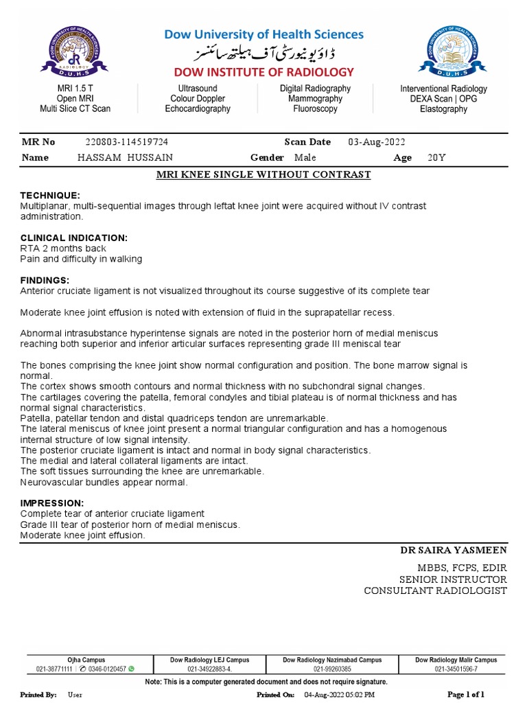 MRI Report for 20-Year-Old Male with Knee Pain and Difficulty Walking ...