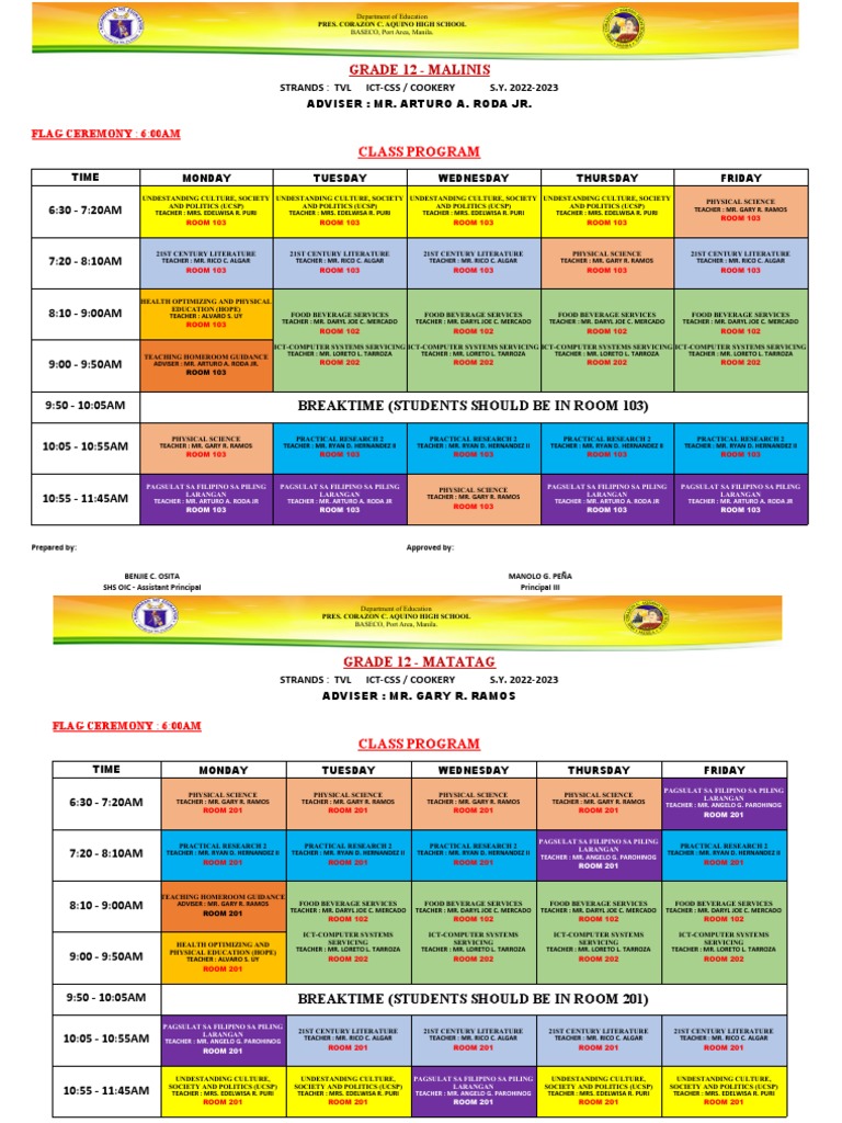Grade 12 Class Schedule 2022-2023 | PDF | Educational Organizations ...