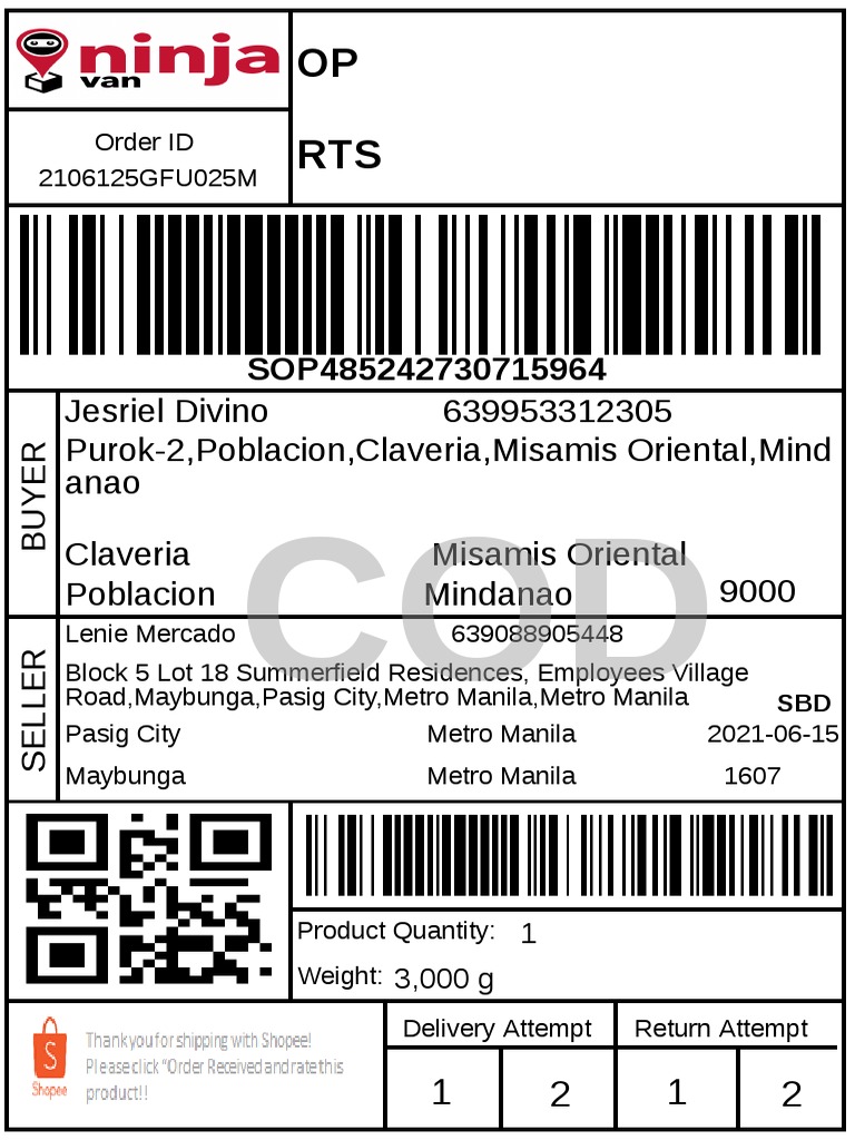 Air Waybill - Ninja Van - 1-2 | PDF