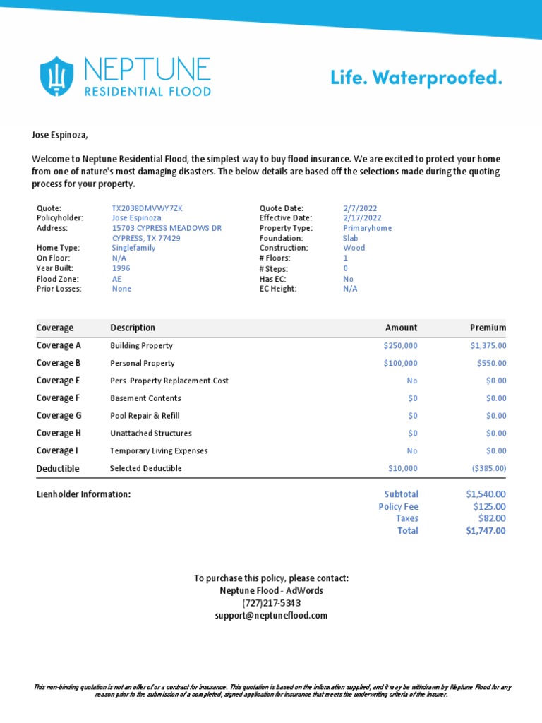 Subtotal Policy Fee Taxes $1,540.00 $125.00 $82.00: Total $1,747.00 ...