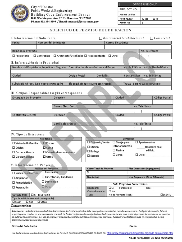 HPW Ce1263S Sample of New Building Permit Application Spanish | PDF ...