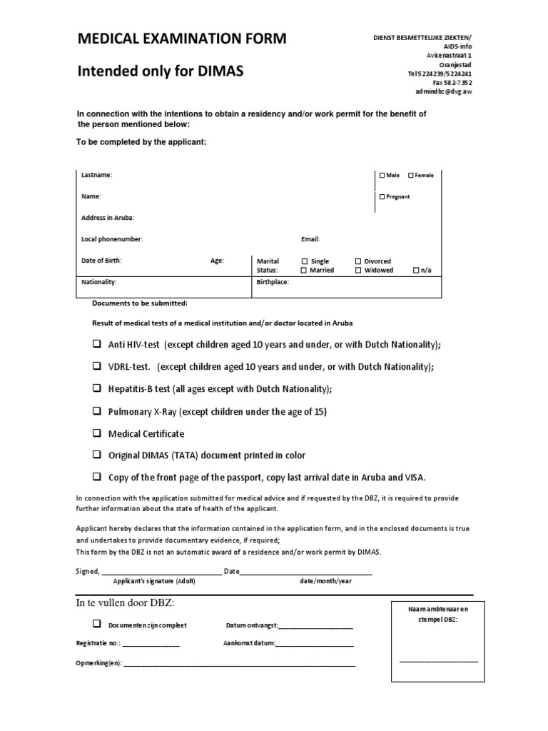 Medical Examination Form Intended Only For DIMAS: Male Female | PDF ...