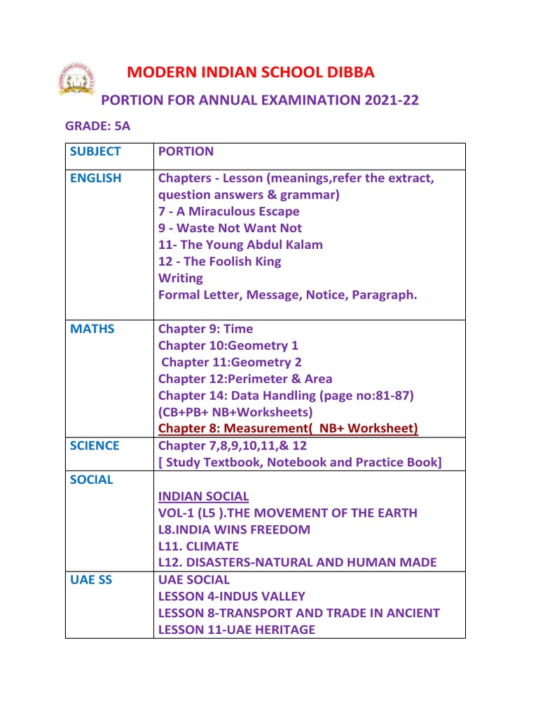 Annual Exam Portion for Grade 5A | PDF