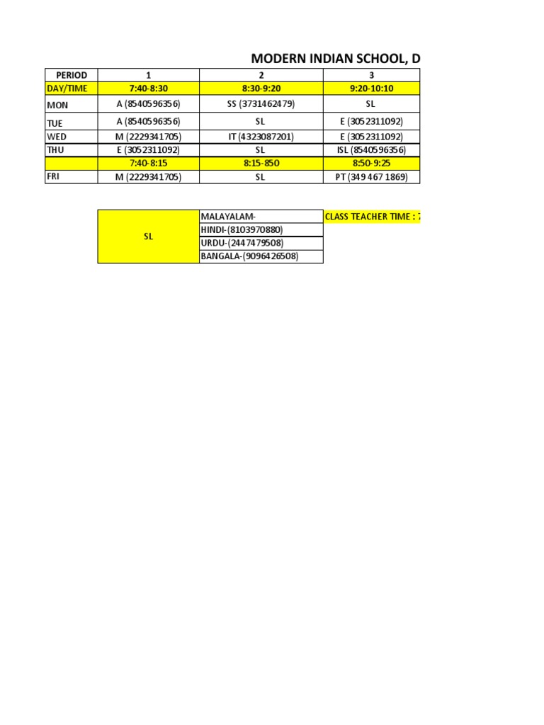 Modern Indian School, Dibba Class Time Table: Period 1 2 3 7:40-8:30 8: ...
