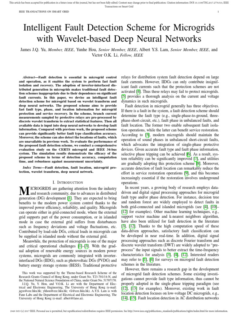 Intelligent Fault Detection Scheme For Microgrids With Wavelet Based Deep Neural Networks Pdf