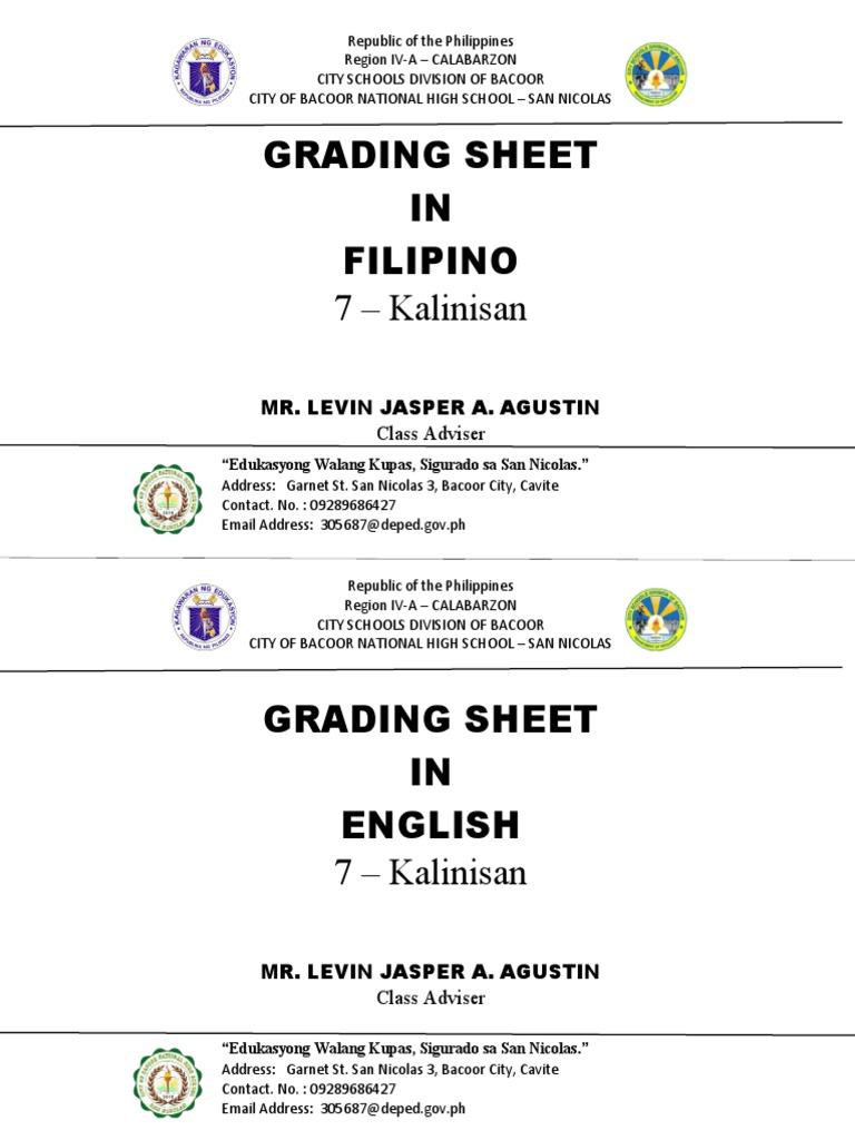 Grading Sheet IN Filipino 7 - Kalinisan: Mr. Levin Jasper A. Agustin ...
