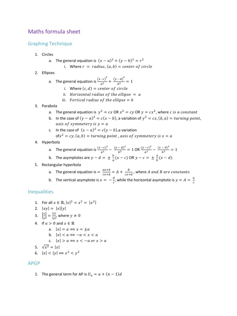 Maths Formular Sheet