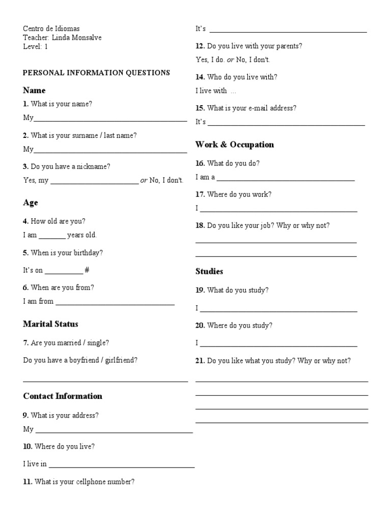 Exchanging Personal Information - Questions | PDF | Career & Growth