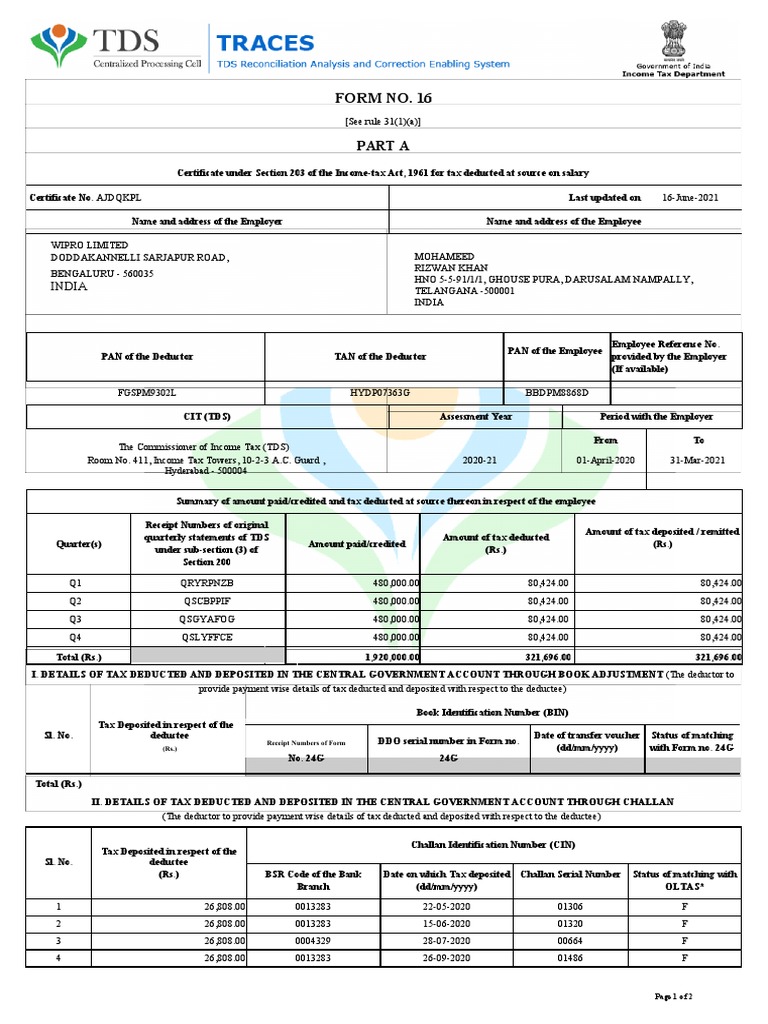 Form 16 20-21 | PDF | Taxes | Government Finances