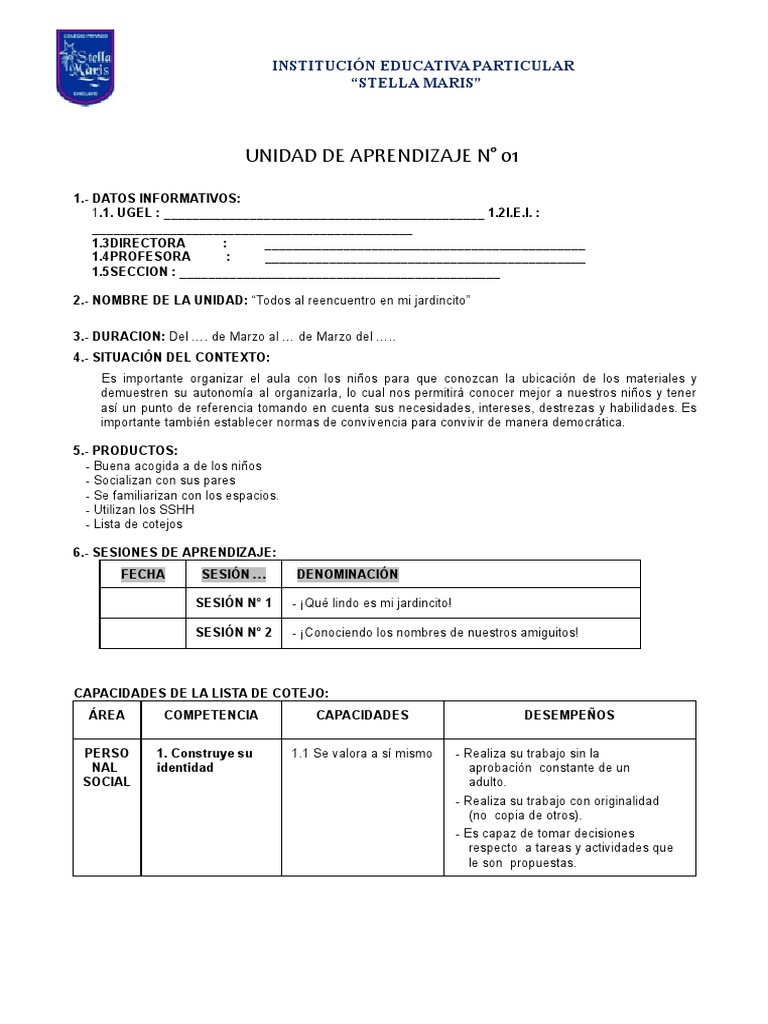 Inicial Modelo de Unidad de Aprendizaje, Sesión de Aprendizaje y Lista de Cotejo | PDF ...