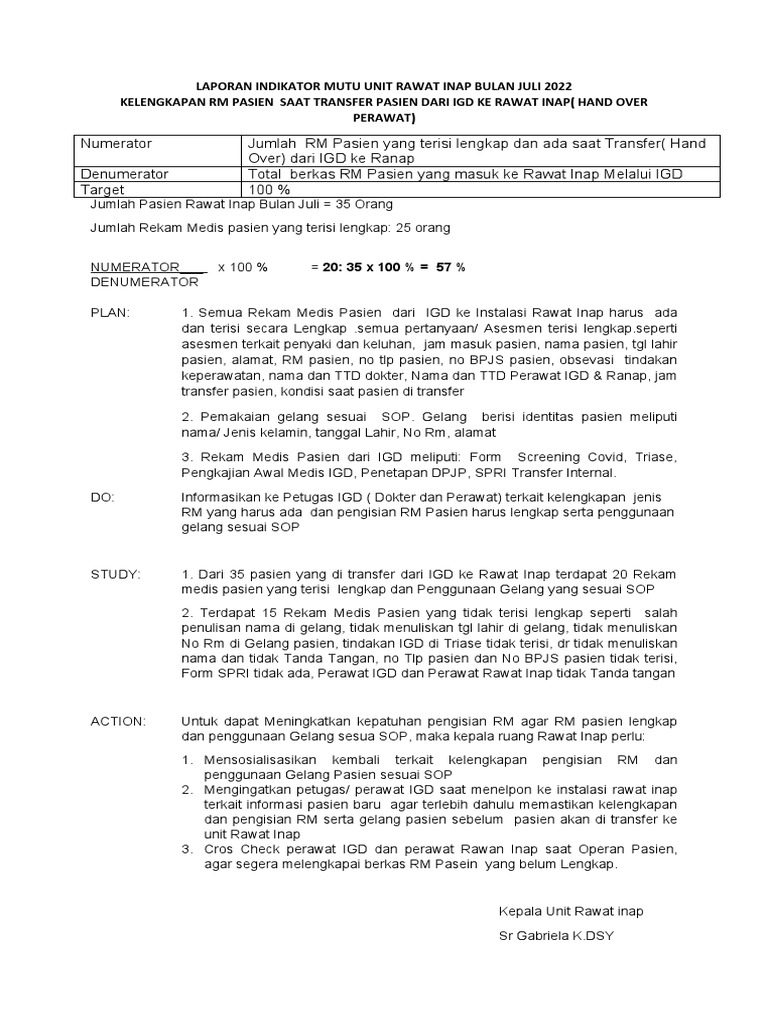 LAPORAN INDIKATOR MUTU UNIT RAWAT INAP BULAN JULI 2022: KEPATUHAN ...