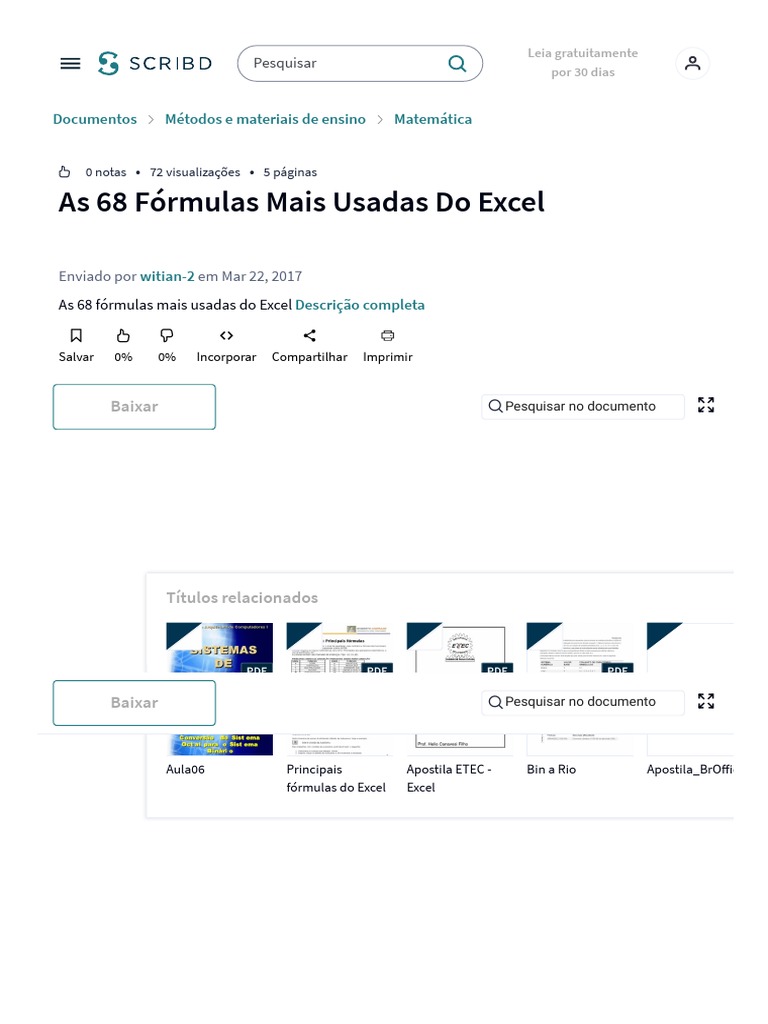 As 68 Fórmulas Mais Usadas Do Excel - PDF - Microsoft Excel - Média ...