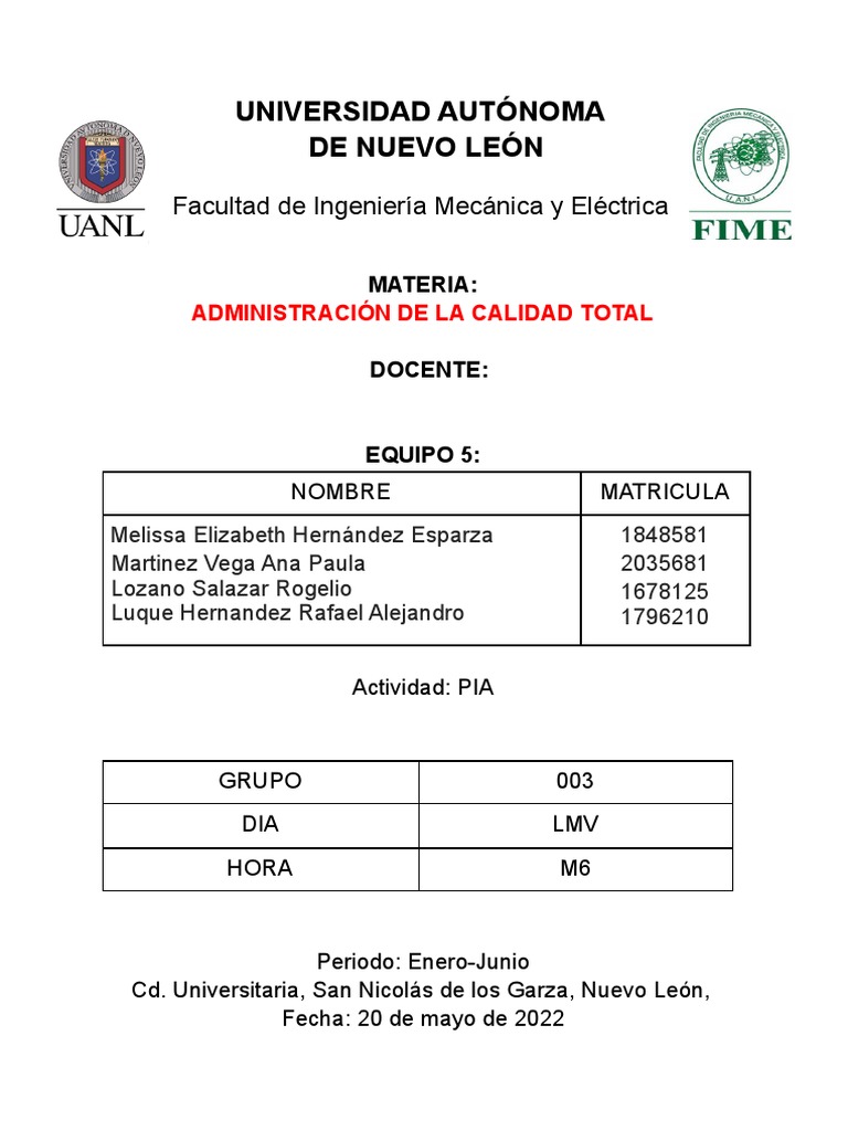 Pia-Calidad Equipo 5 | PDF | Lean Manufacturing | Calidad (comercial)