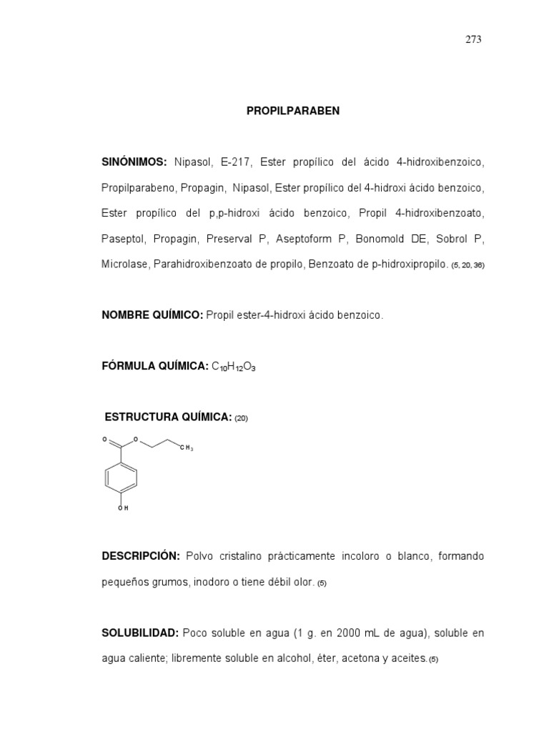 Propilparabeno: Usos y Propiedades | PDF | Ácido | Solubilidad