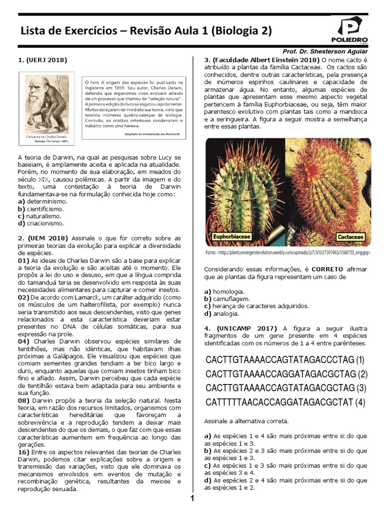 Lista de exercícios sobre evidências da evolução biológica e teorias de ... Lista de exercícios sobre evidências da evolução biológica e teorias de ...