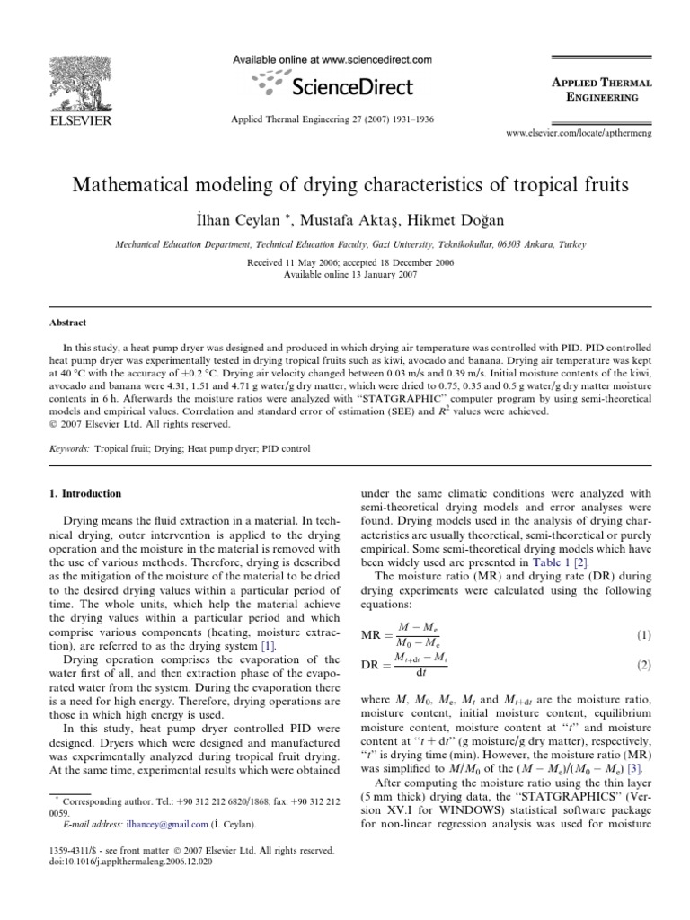 Mathematical Modeling of Drying Characteristics of Tropical Fruits | PDF | Regression Analysis ...